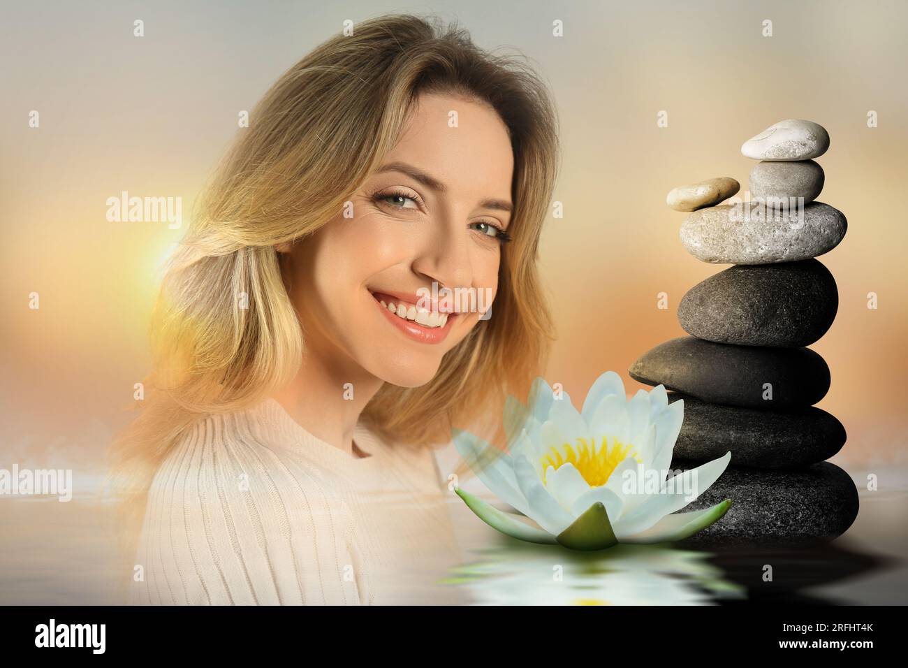 Harmony, balance, mindfulness. Beautiful woman, lotus flower and stack ...