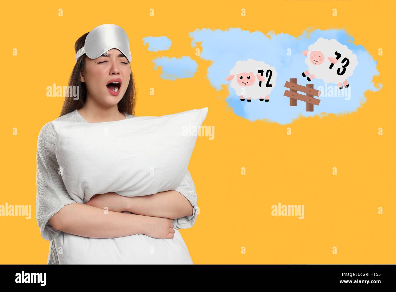 Insomnia. Tired woman with pillow yawning and counting to fall asleep ...