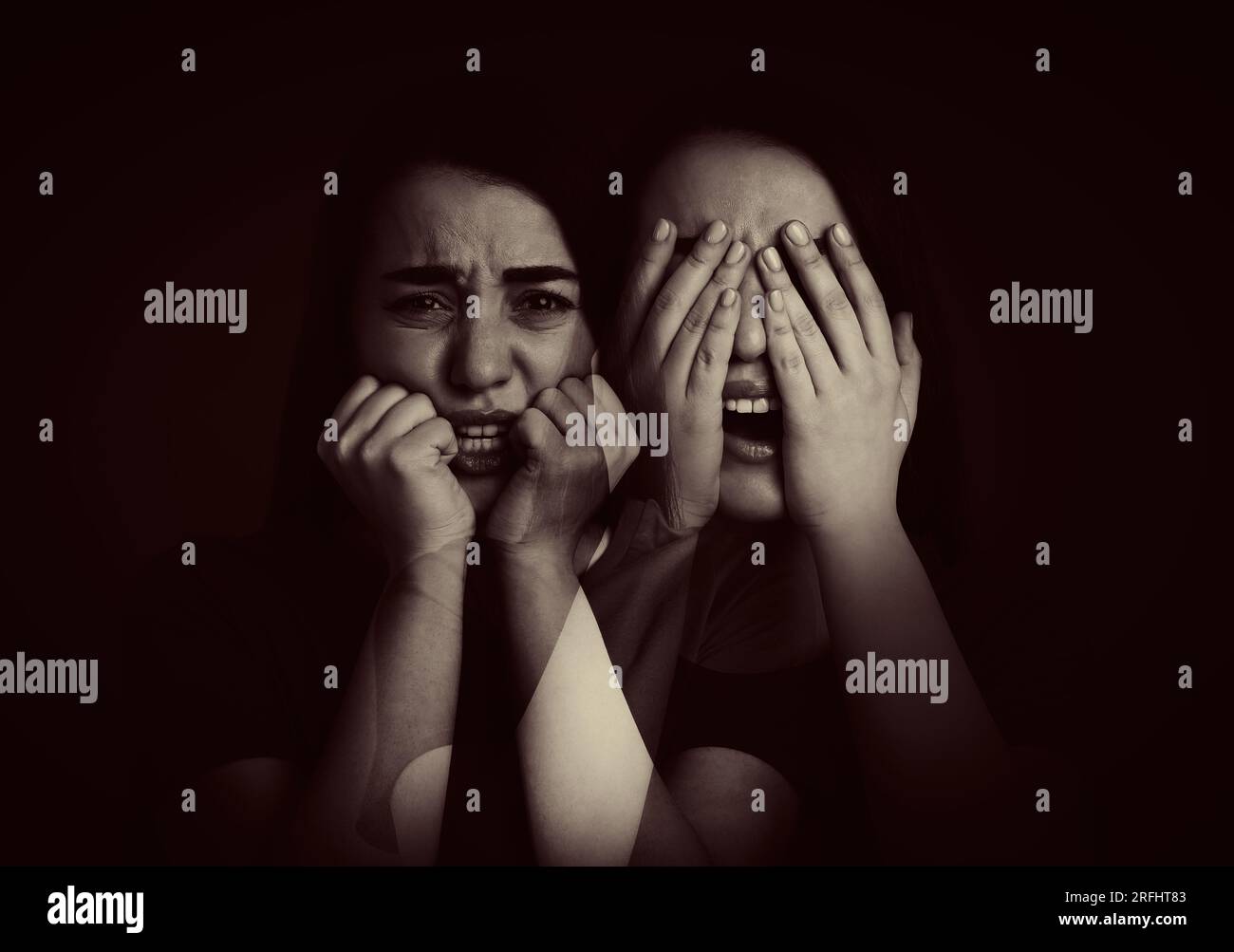 Suffering from hallucinations. Double exposure with photos of woman on ...