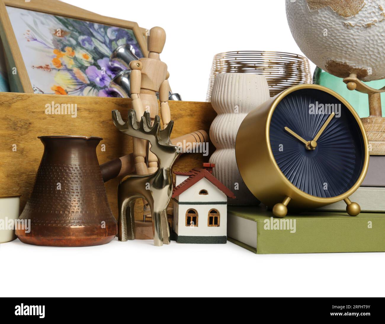 Many different stuff on white background. Garage sale Stock Photo - Alamy