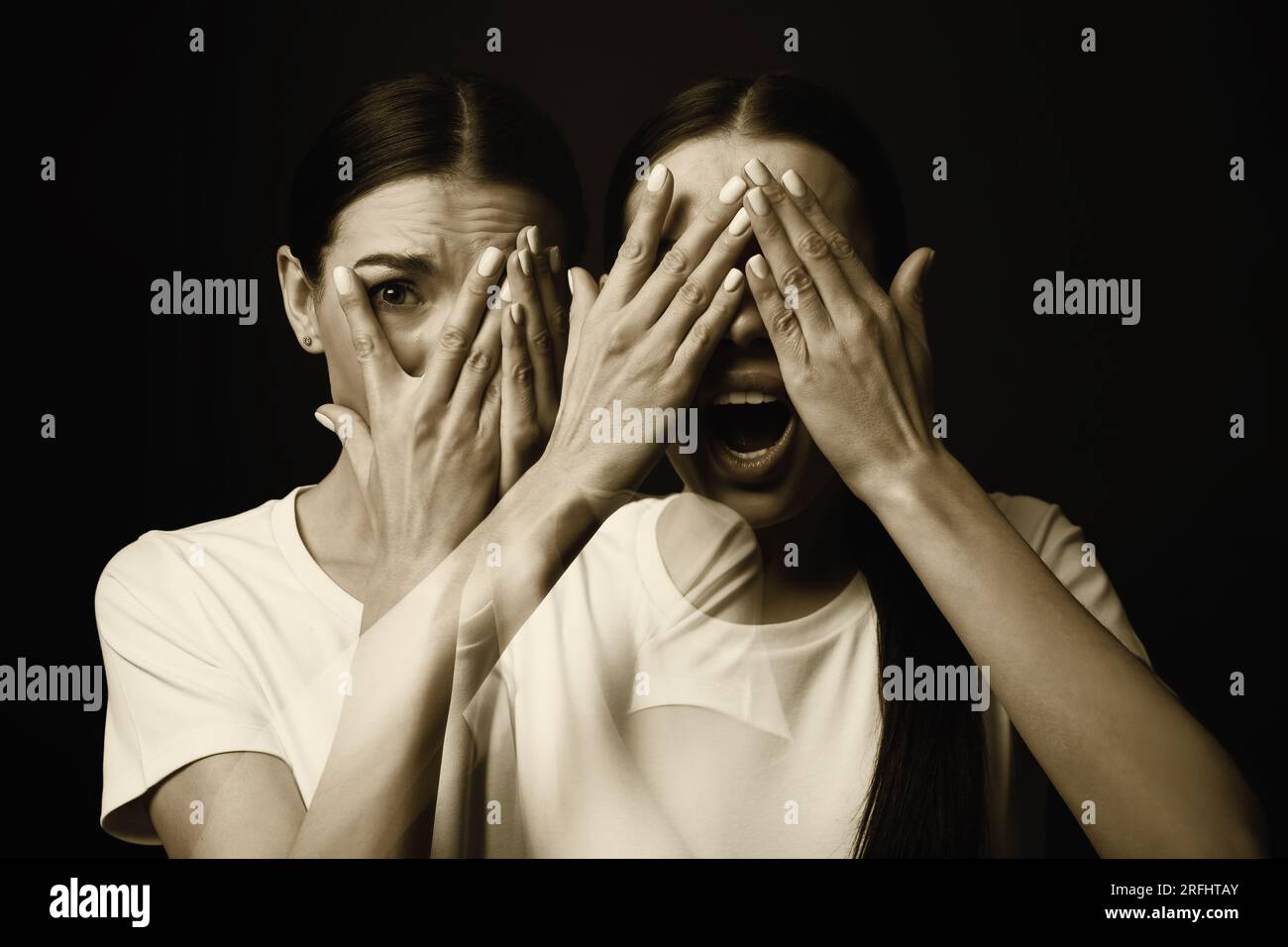Suffering from hallucinations. Double exposure with photos of woman on ...