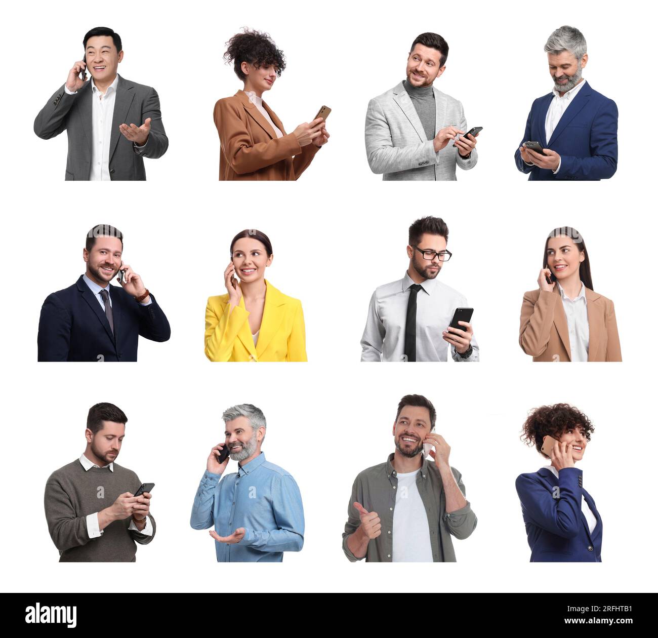 Collage with photos of people using mobile phones on white background ...