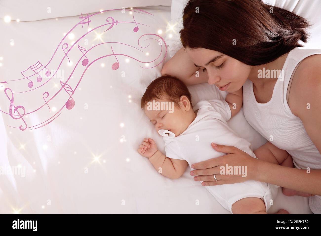 Lullaby songs. Mother and her baby sleeping at home. Illustration of ...