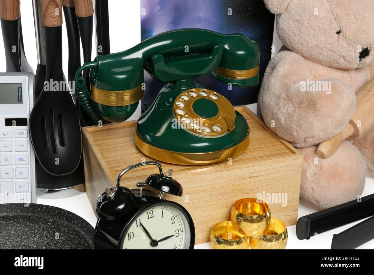 Many different stuff on white background. Garage sale Stock Photo - Alamy