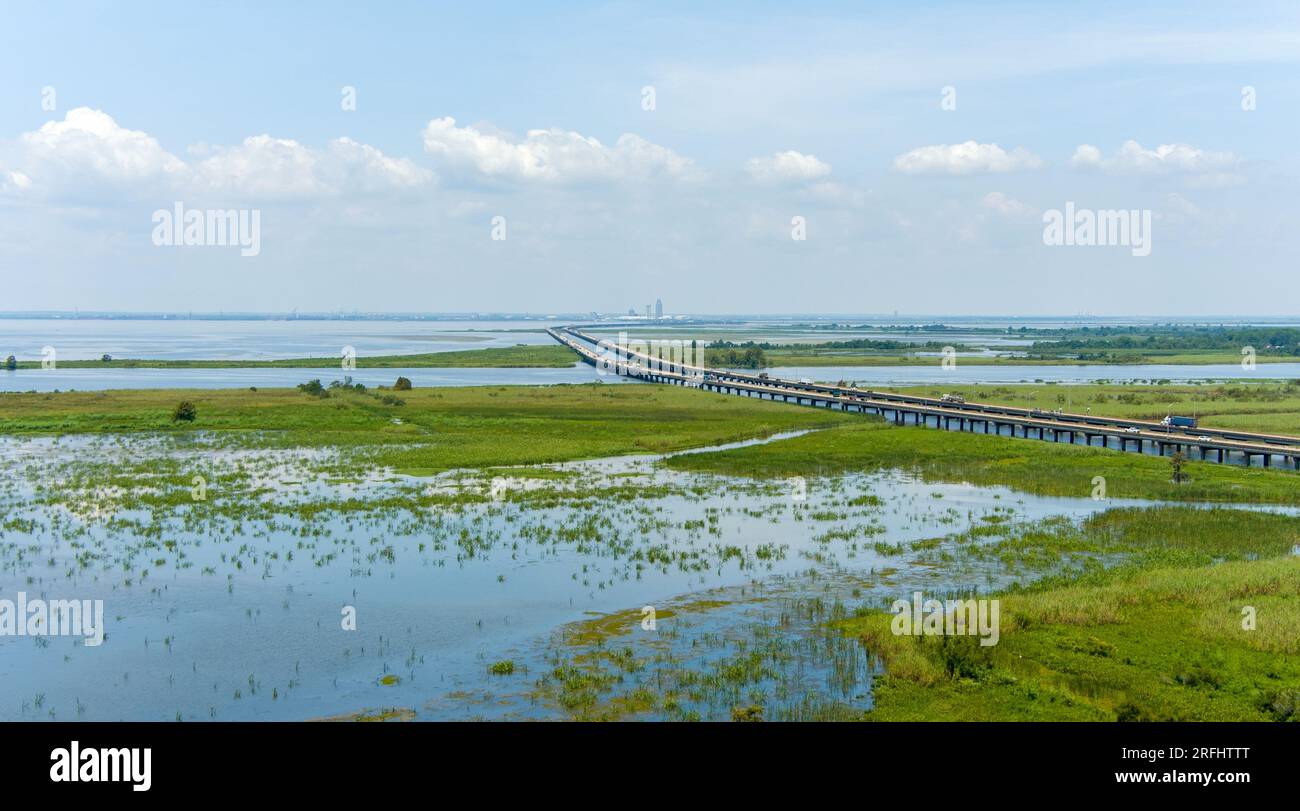 Aerial view of interstate 10 bridge over Mobile Bay on the Alabama Gulf ...