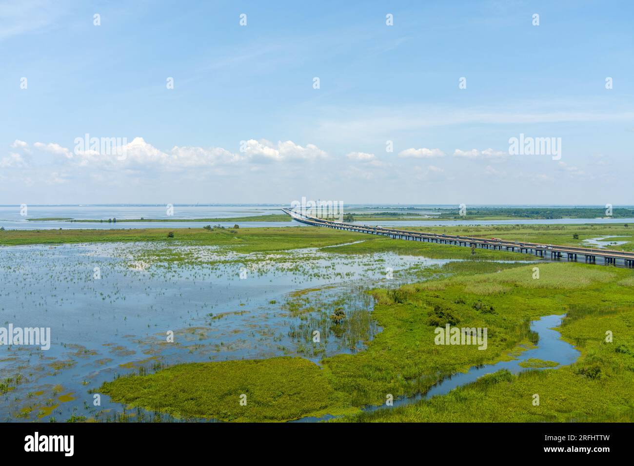 Aerial view of interstate 10 bridge over Mobile Bay on the Alabama Gulf ...