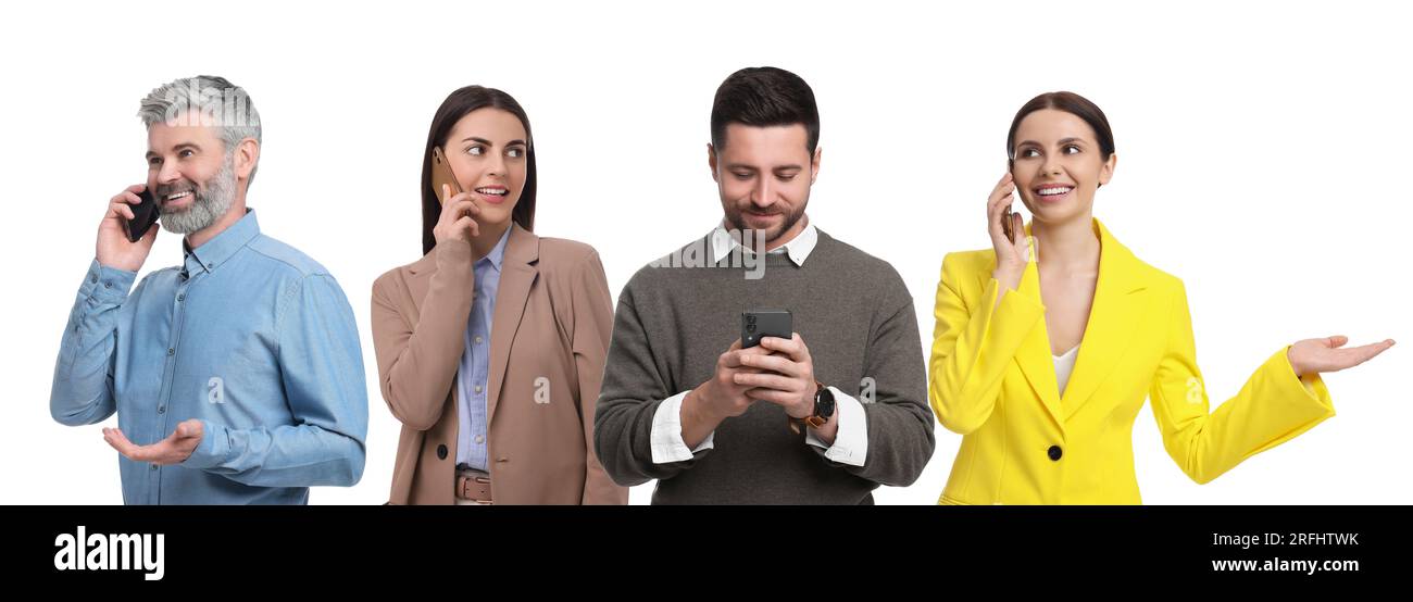 Collage with photo of people using mobile phones on white background ...