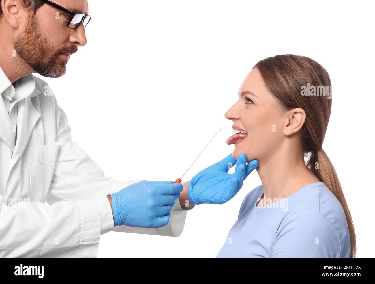 Doctor taking throat swab sample from woman`s oral cavity on white ...