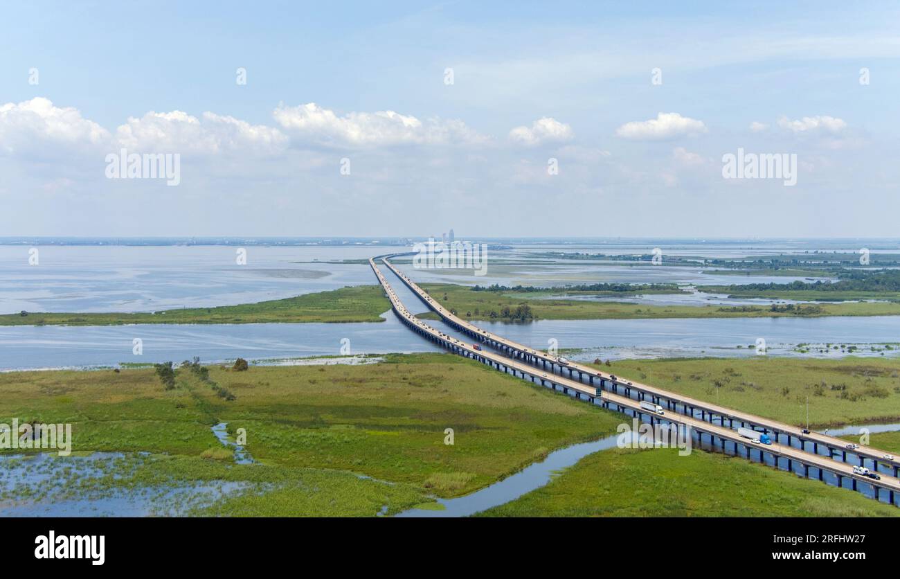 Aerial view of interstate 10 bridge over Mobile Bay on the Alabama Gulf Coast Stock Photo - Alamy