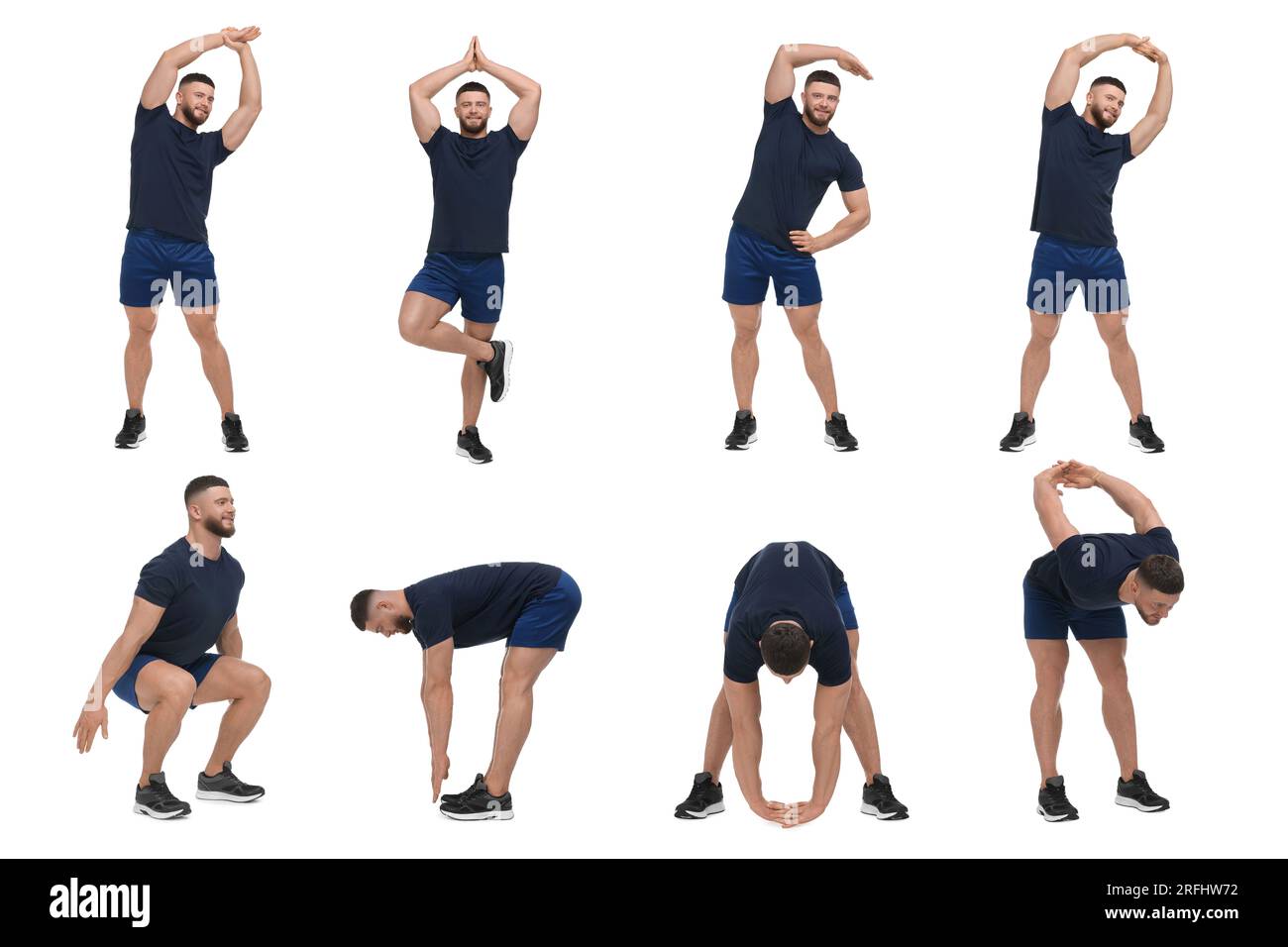 Young man doing morning exercises on white background, collage design ...