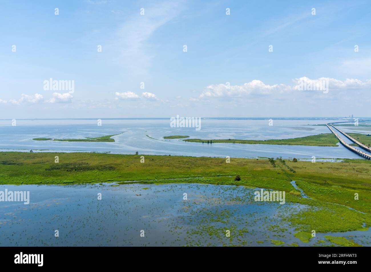 Aerial view of interstate 10 bridge over Mobile Bay on the Alabama Gulf ...