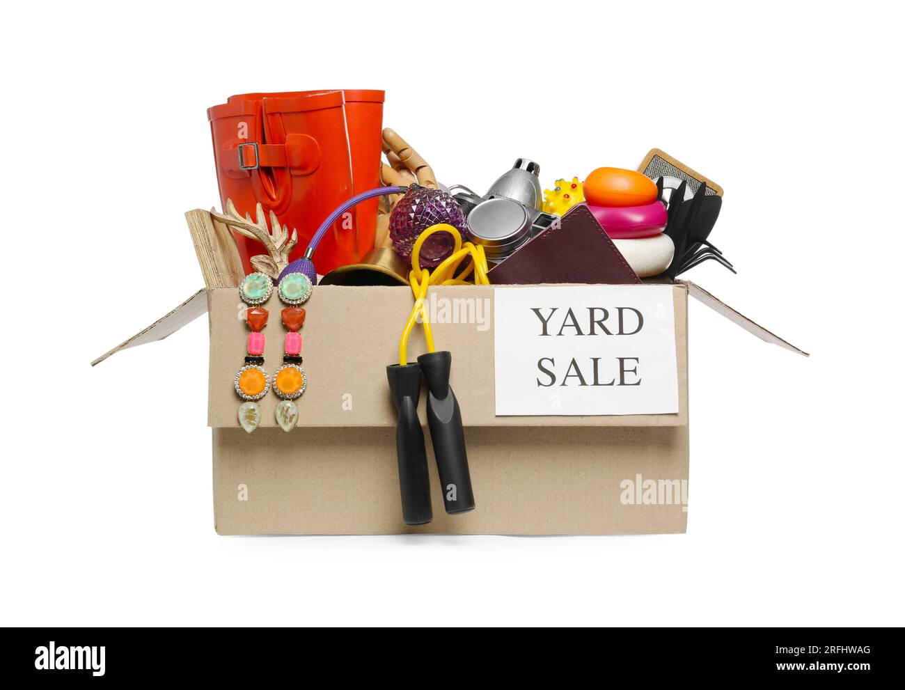 Sign Yard Sale written on box with different stuff isolated on white ...