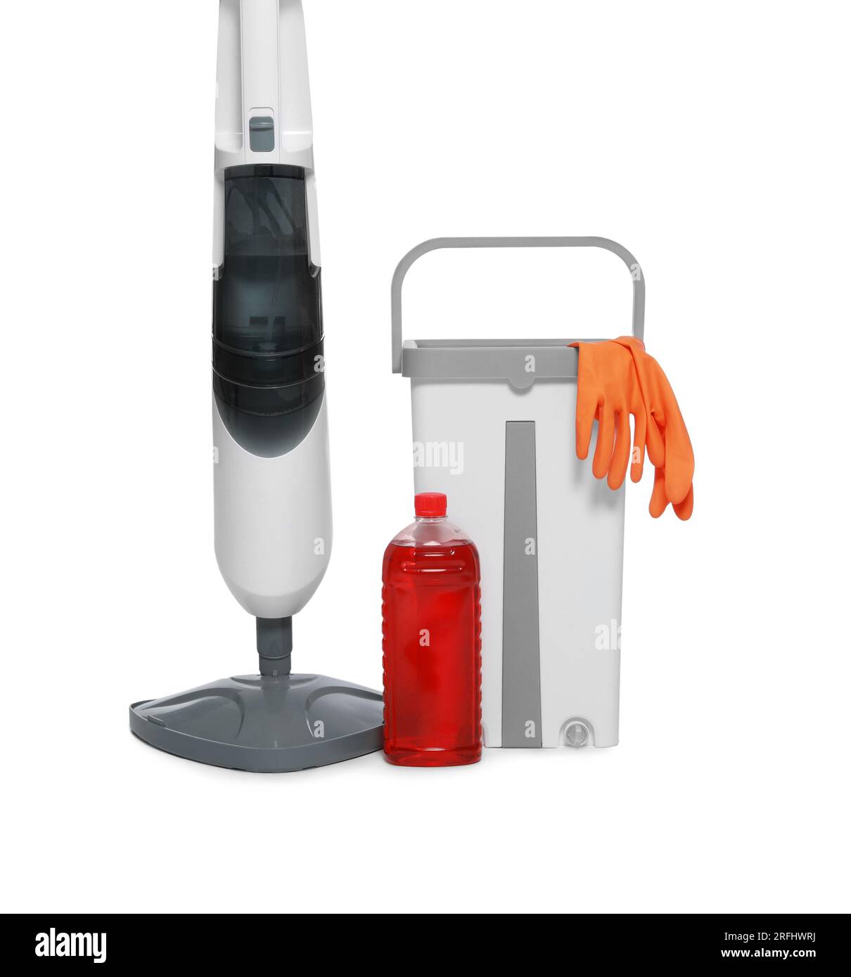 Modern steam mop, bucket with gloves and bottle of cleaning product ...