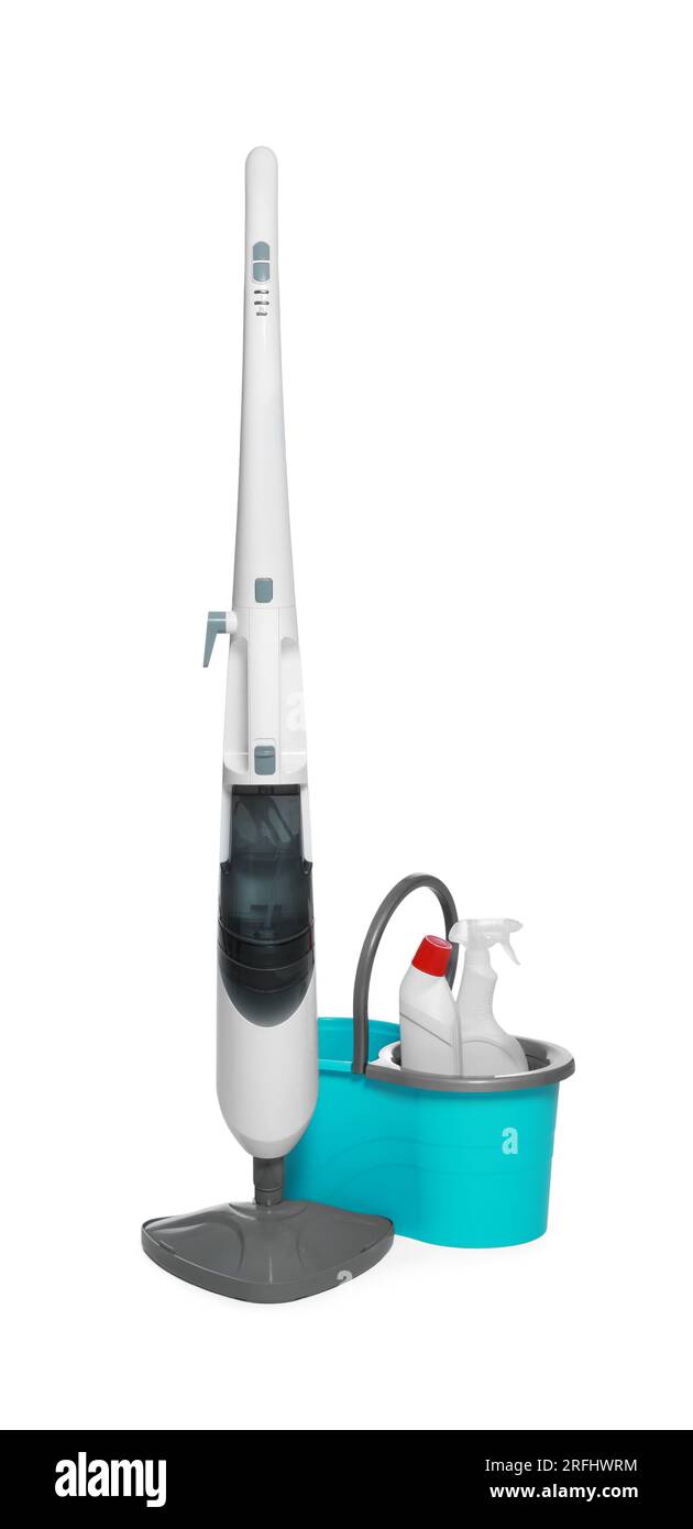 Modern steam mop and bucket with different cleaning supplies isolated ...