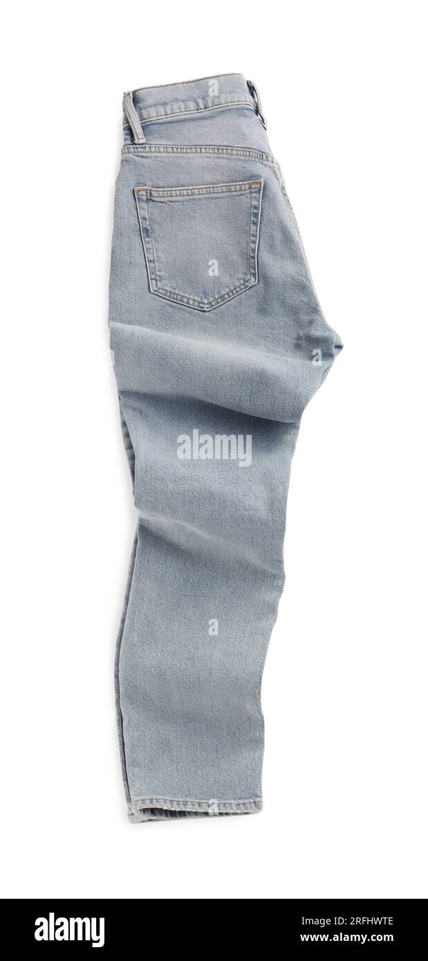 Rumpled light blue jeans isolated on white, top view. Stylish clothes ...