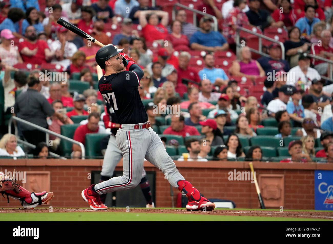 Minnesota Twins' Ryan Jeffers watches his two-run home run during the ...