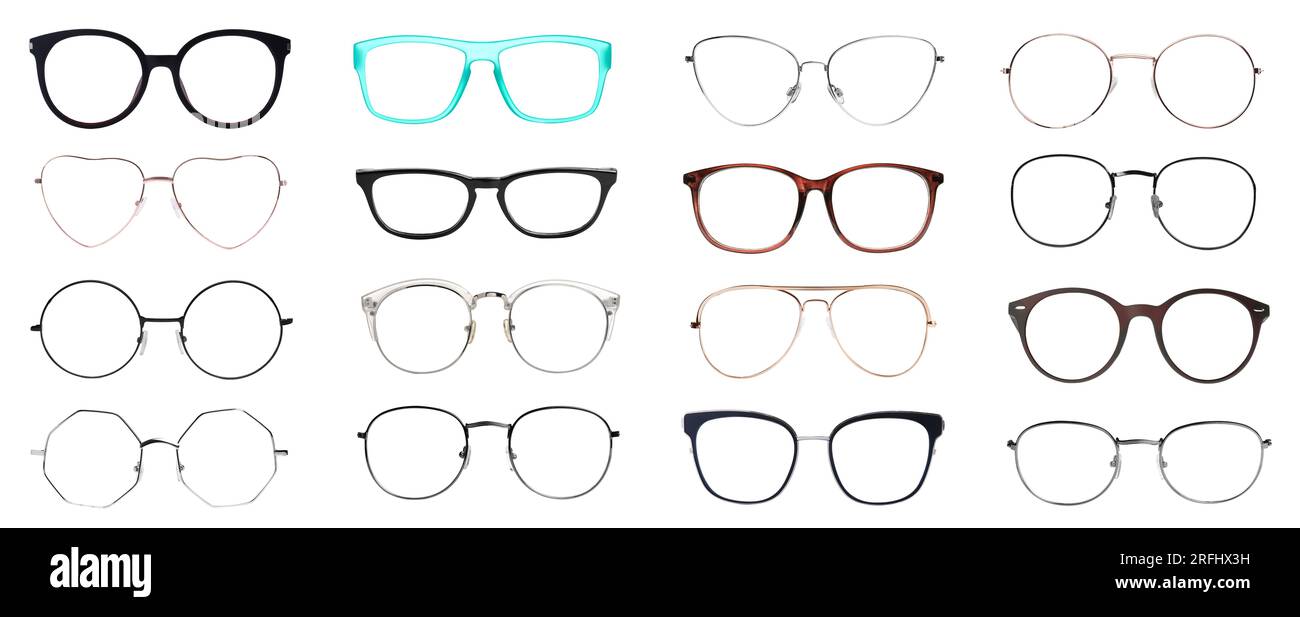 Set with different eyeglasses isolated on white Stock Photo - Alamy