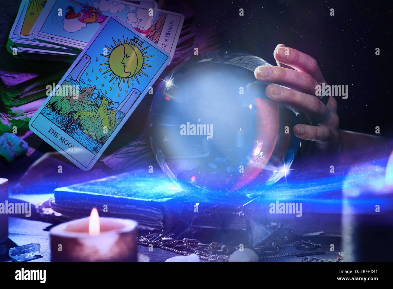 Double exposure with tarot cards and photo of soothsayer using crystal ...