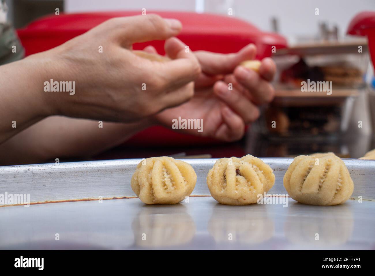 Process of making arabic cookies and kahk for islamic eid after ramadan ...