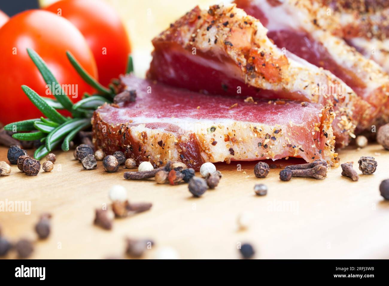 beef meat products with spices, beef meat with lard cut into pieces ...