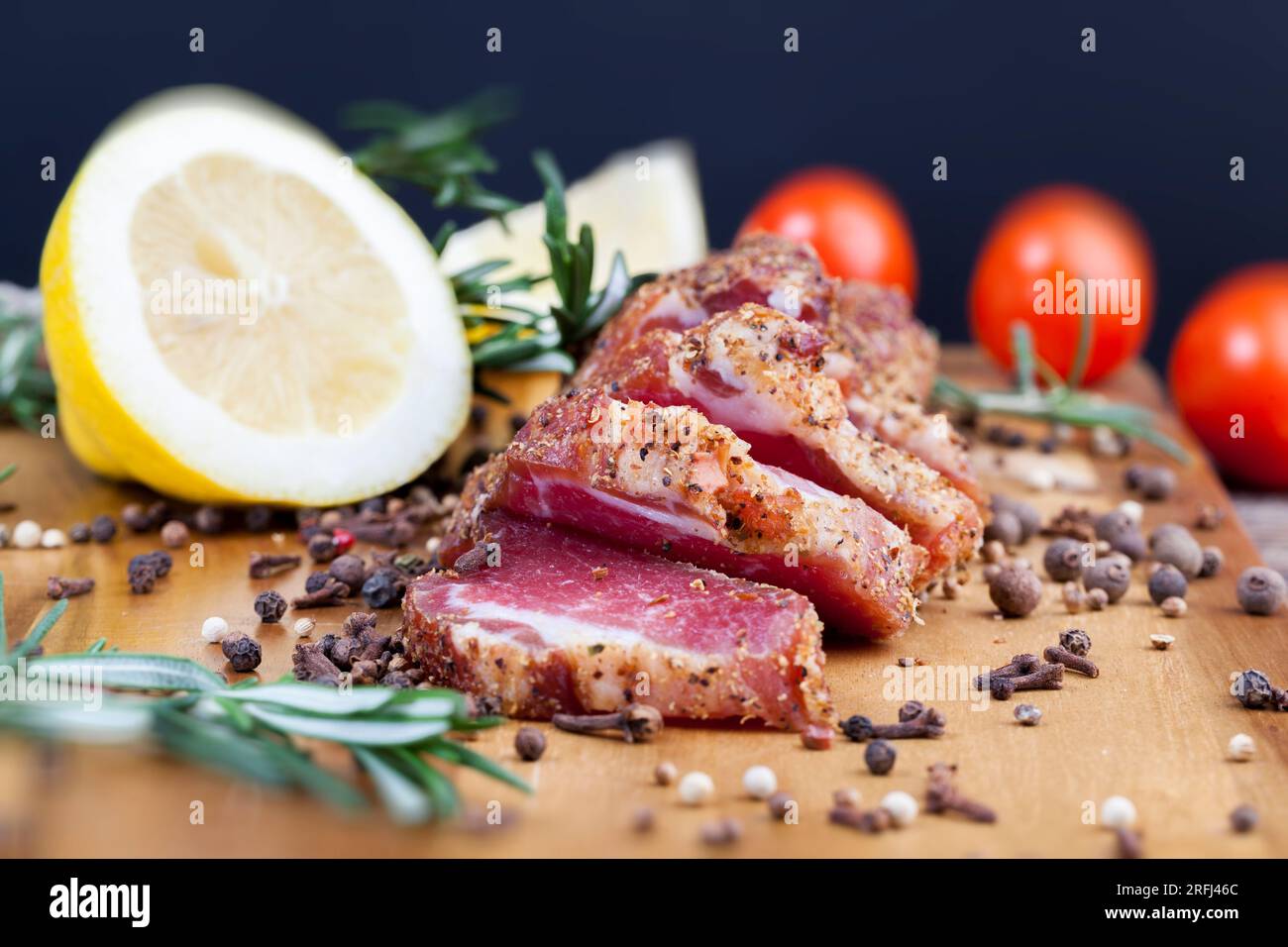 beef meat products with spices, beef meat with lard cut into pieces ...