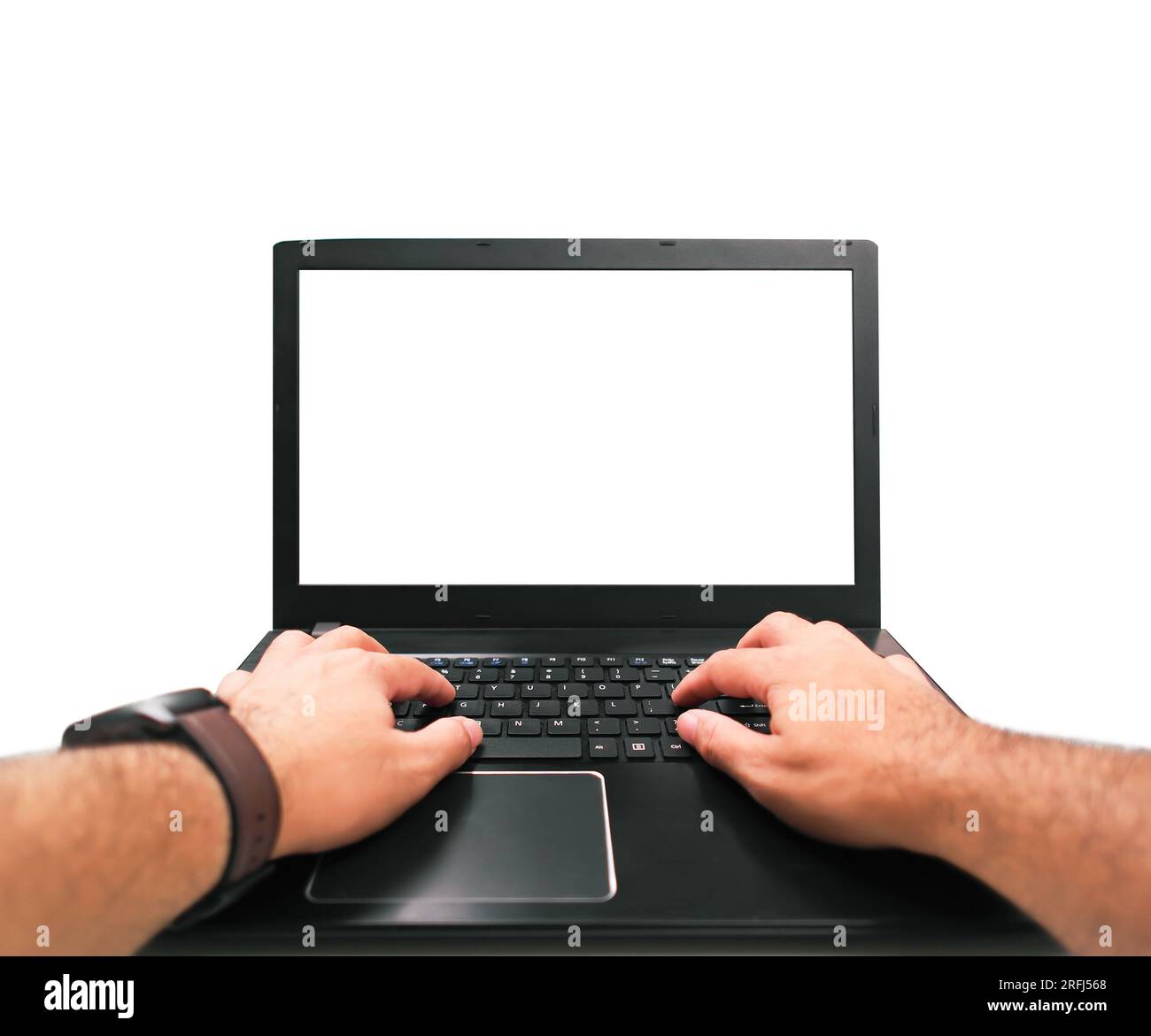 Man hands typing on a laptop computer with blank screen isolated on ...