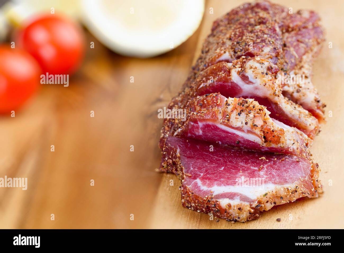 beef meat products with spices, beef meat with lard cut into pieces ...