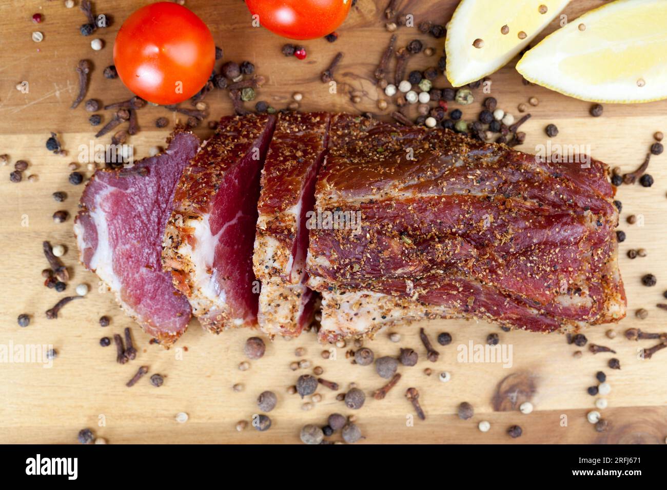 beef meat products with spices, beef meat with lard cut into pieces ...