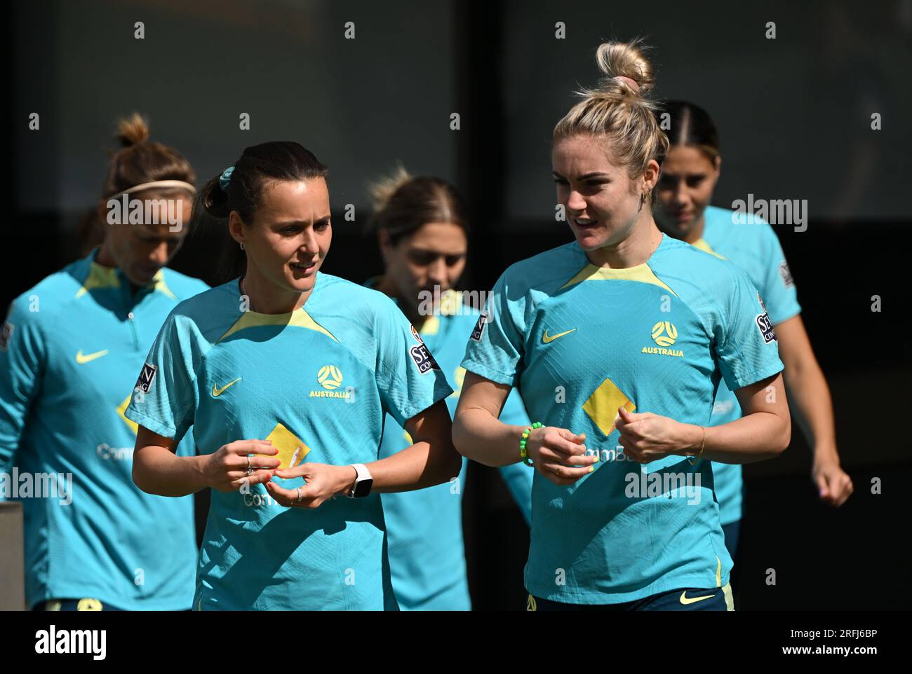 Brisbane, Australia. 04th Aug, 2023. Hayley Raso and Ellie Carpenter ...