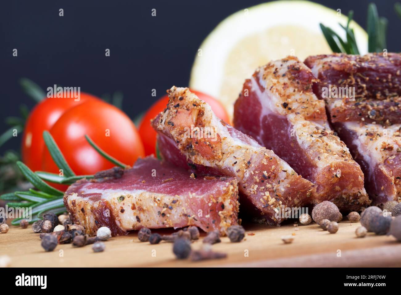 beef meat products with spices, beef meat with lard cut into pieces ...
