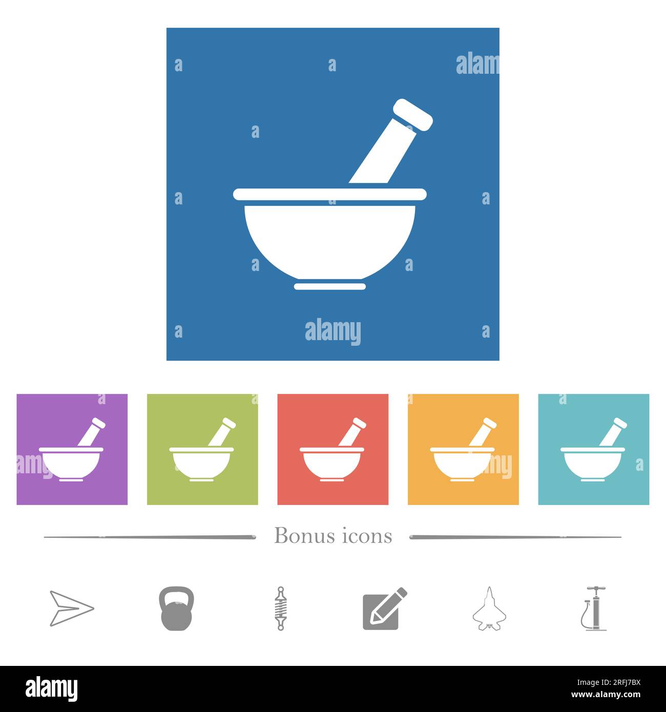 Mortar and pestle solid flat white icons in square backgrounds. 6 bonus icons included Stock ...