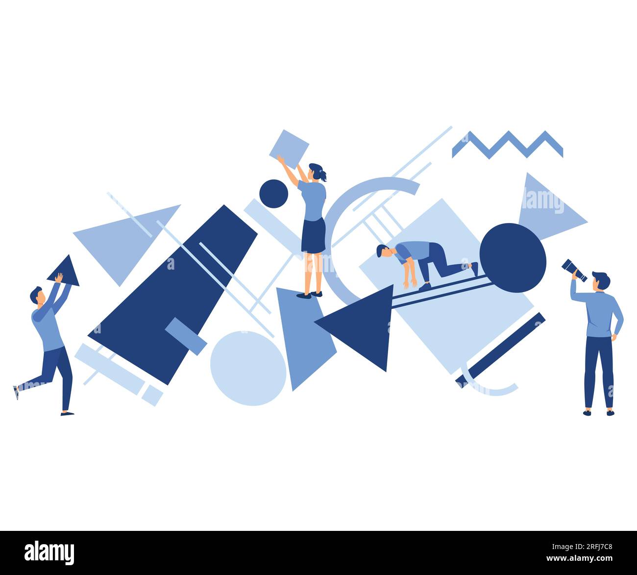 A team of people assemble an abstract geometric puzzle. characters ...