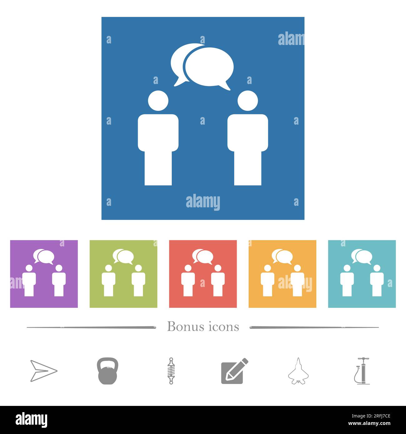 Two talking persons with oval bubbles solid flat white icons in square ...