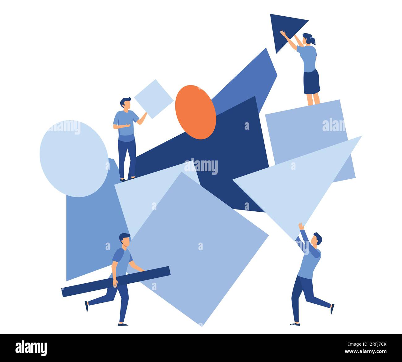 A team of people assemble an abstract geometric puzzle. characters ...