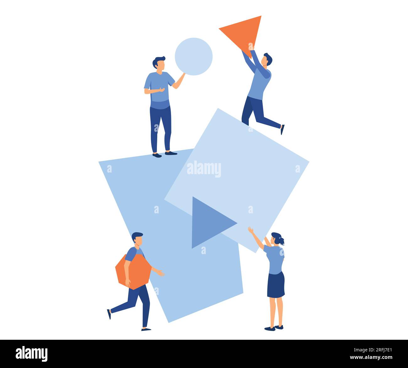 A team of people assemble an abstract geometric puzzle. characters ...