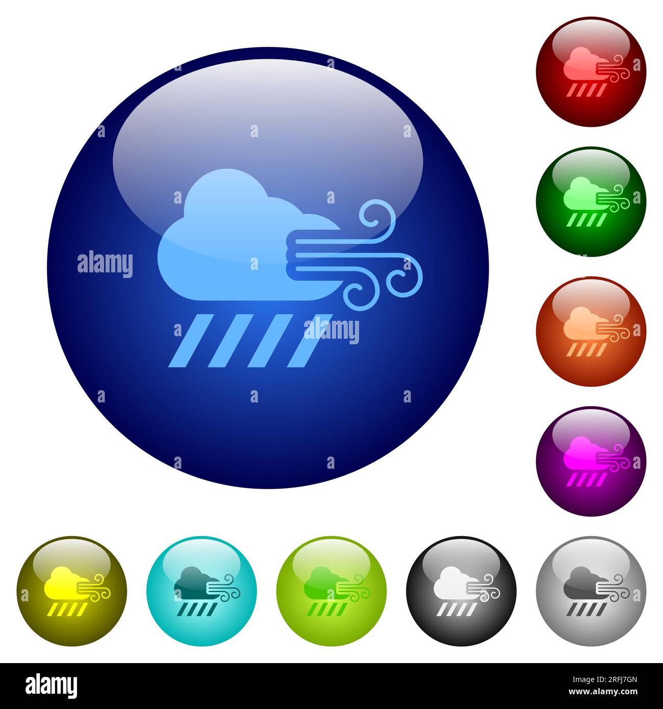 Windy and downpour weather icons on round glass buttons in multiple ...