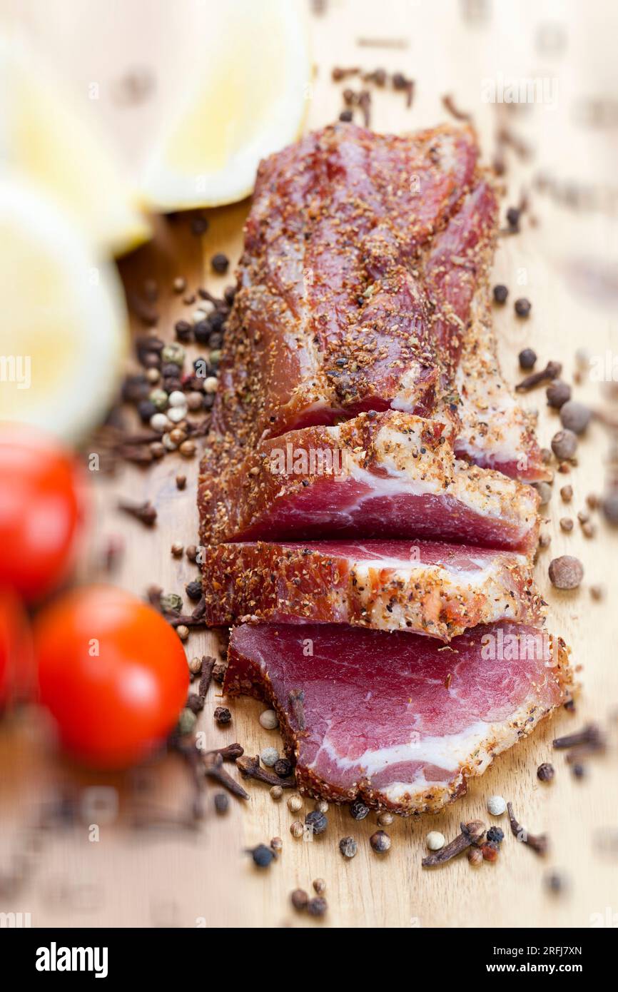 beef meat with lard cut into pieces, beef meat products with spices ...