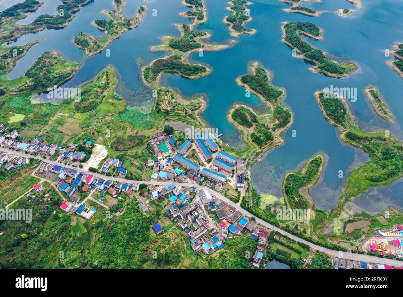 Aerial photo shows the summer scenery of Xiandao Lake in Huangshi City ...