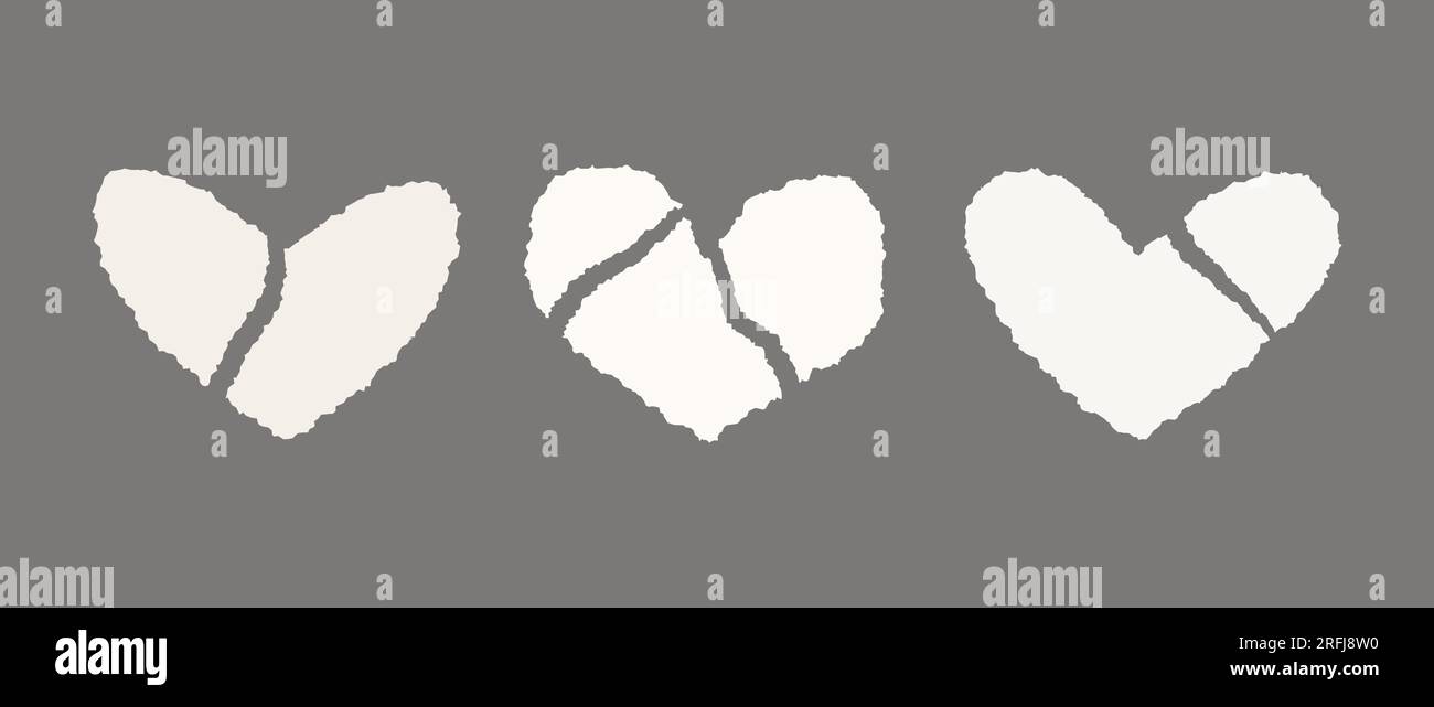 Torn in parts paper hearts. Collection of disrupted heart-shaped ...