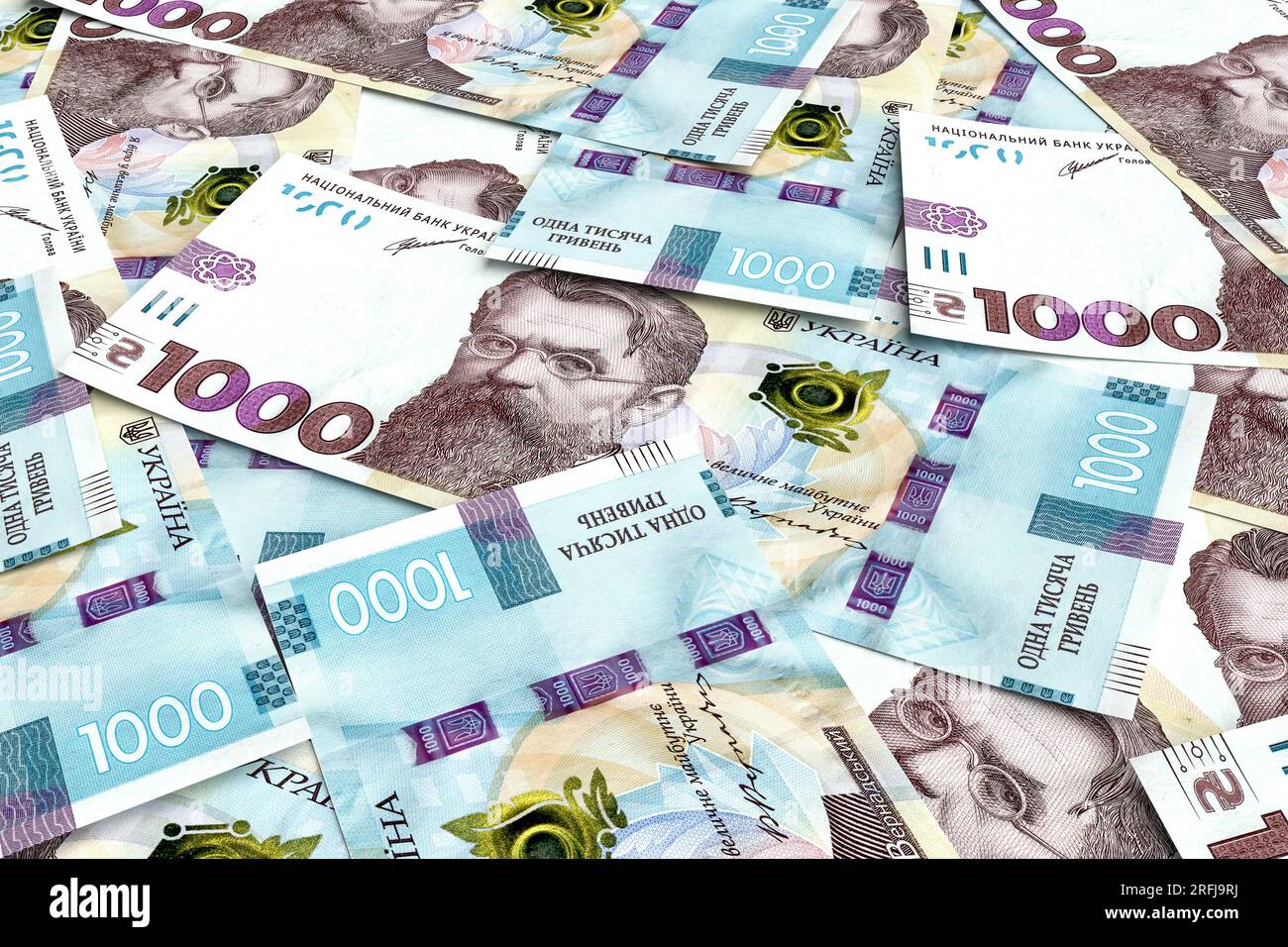 Stack of ukrainian money hryvnia (grivna, hryvna) with 1000 banknotes ...