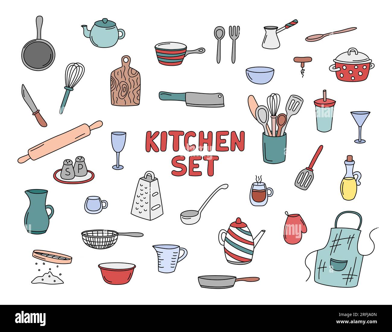 Kitchen doodles vector set of isolated elements. Cute doodle ...