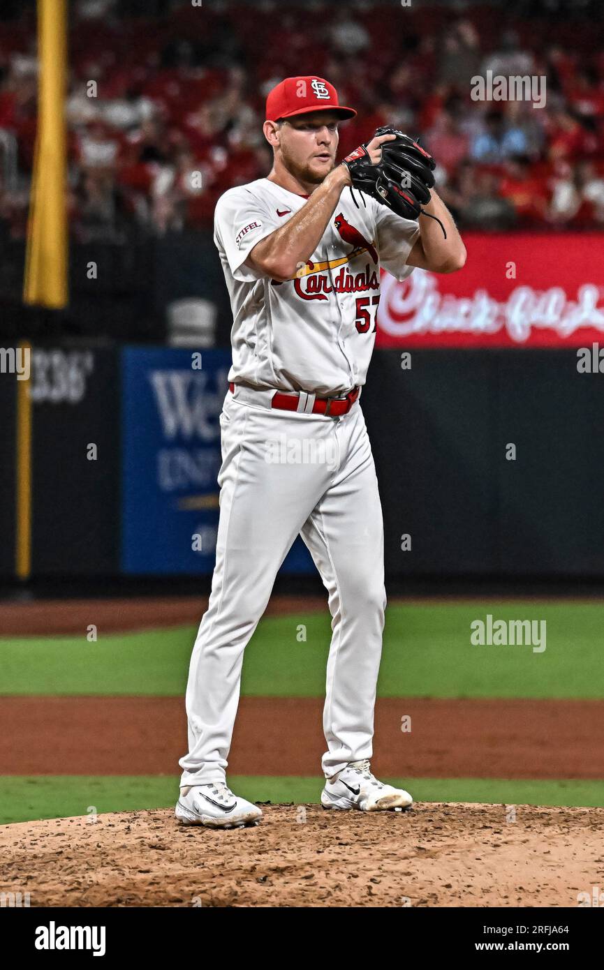 ST. LOUIS, MO - Aug 03: St. Louis Cardinals relief pitcher Zack Thompson (57) gets ready to ...