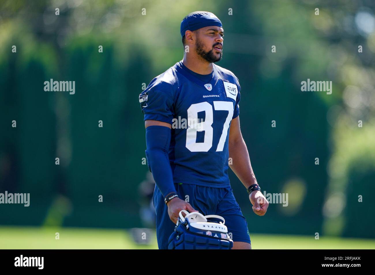 Seattle Seahawks tight end Noah Fant (87) during the NFL football team's training camp, Thursday ...