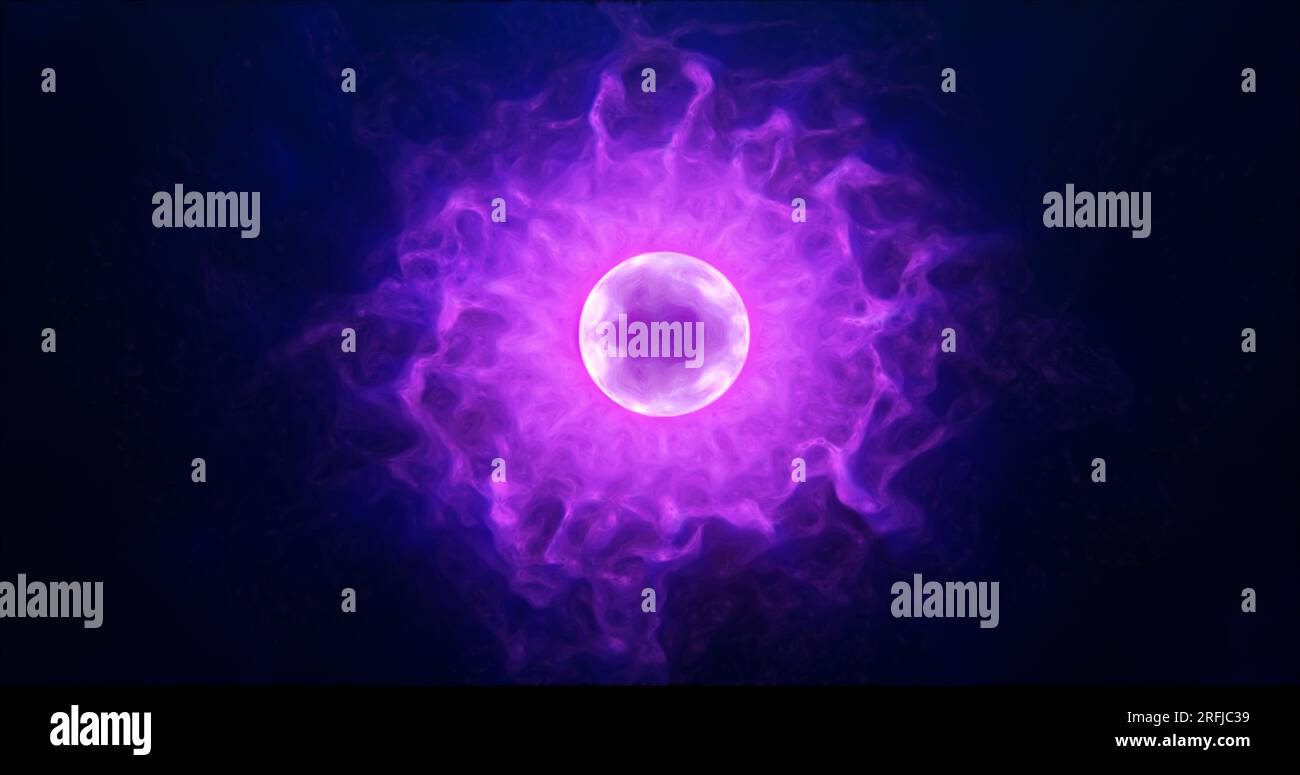 Purple energy sphere with glowing bright particles, atom with electrons ...