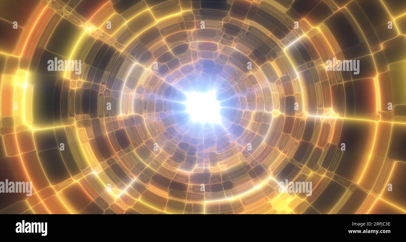 Yellow energy tunnel with glowing bright electric magic lines ...