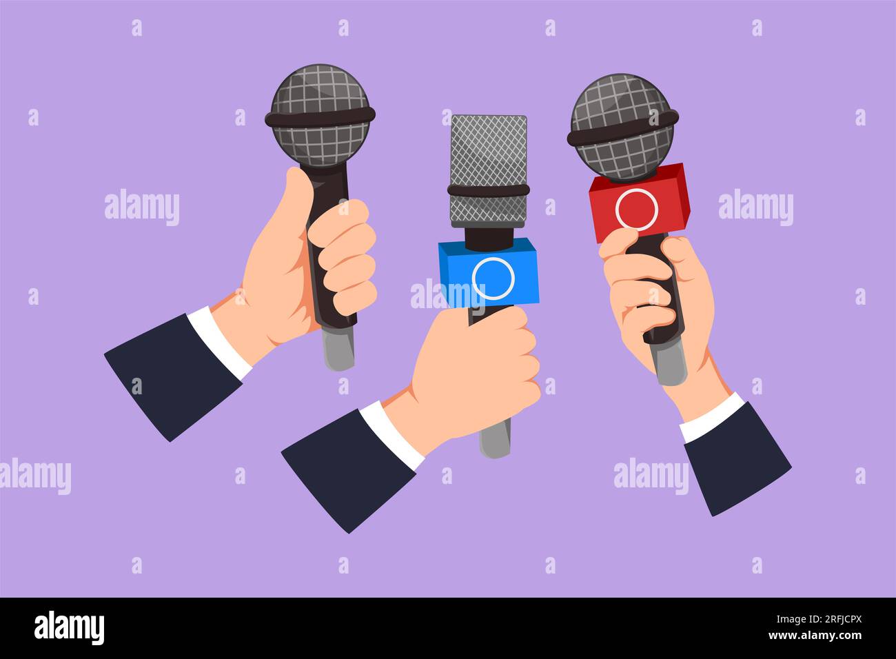 Character flat drawing interview concept with microphones on blue ...
