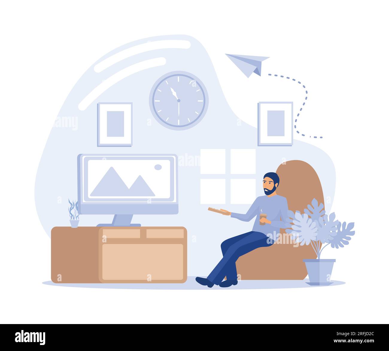 Man resting behind TV at home, watching TV and eating snacks - daily ...