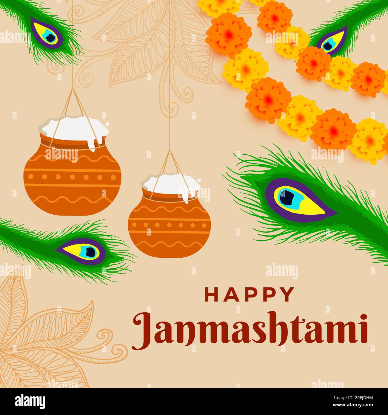 happy janmashtami illustration with peacock feather and hanging dahi ...