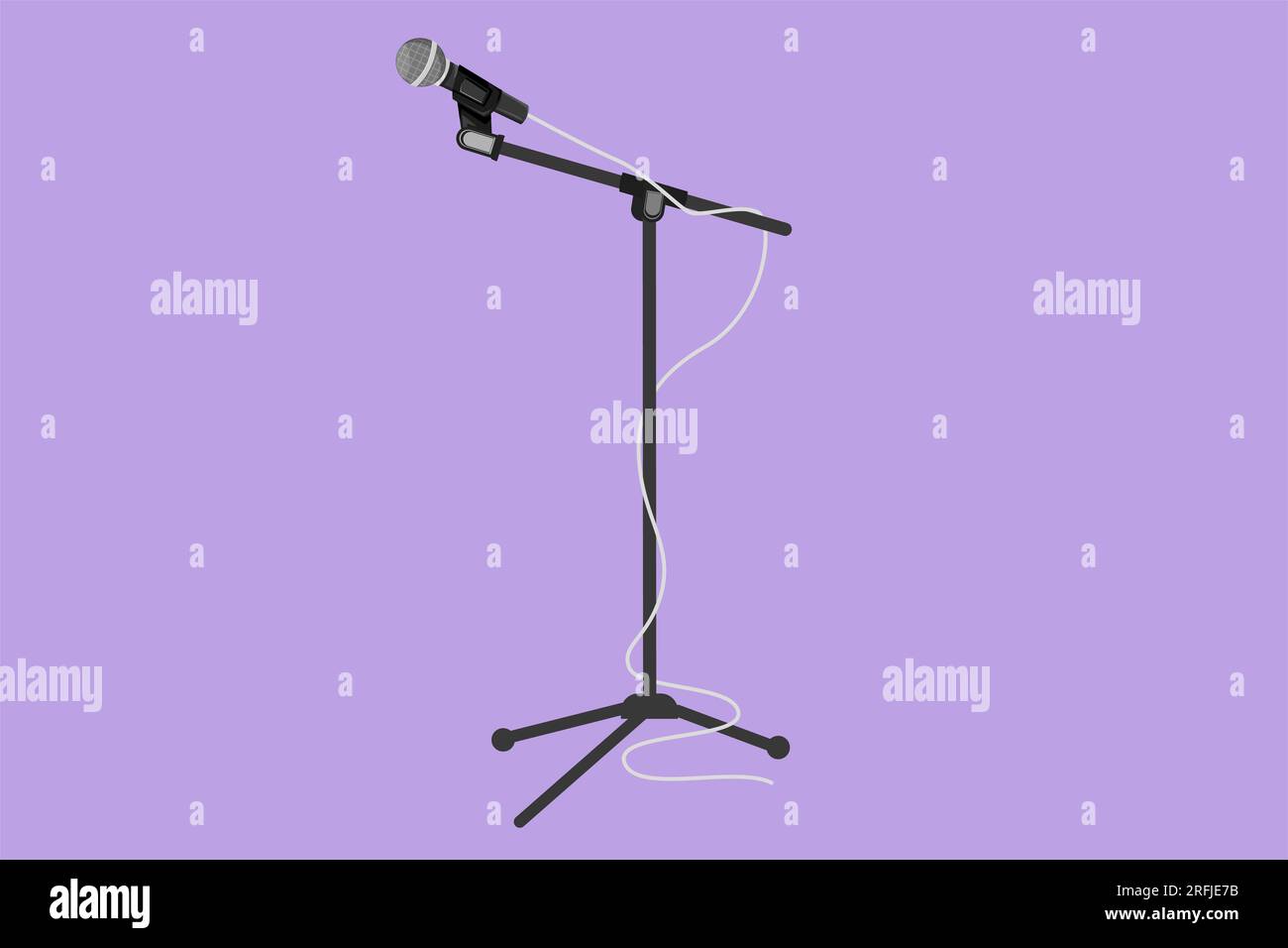 Graphic Flat Design Drawing Microphone Logo With Cable On Stand Mic Isolated On Blue Background