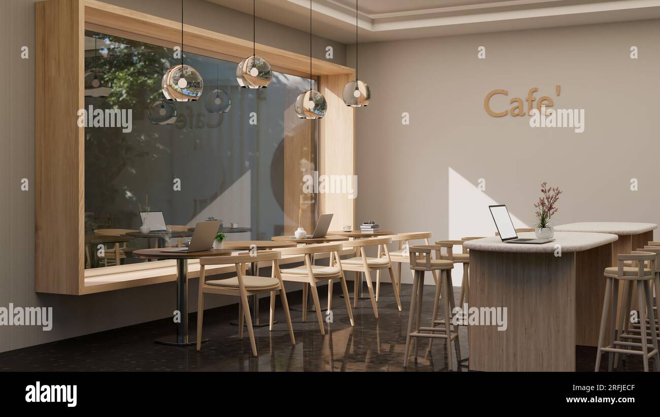 Interior design of a beautiful minimalist cafe, wooden table by the ...